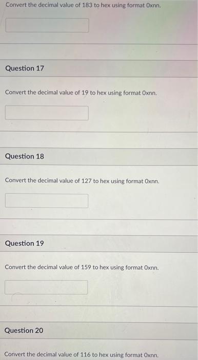Solved Convert the decimal value of 183 to hex using format | Chegg.com Solved Convert the decimal value of 183 to hex using format | Chegg.com