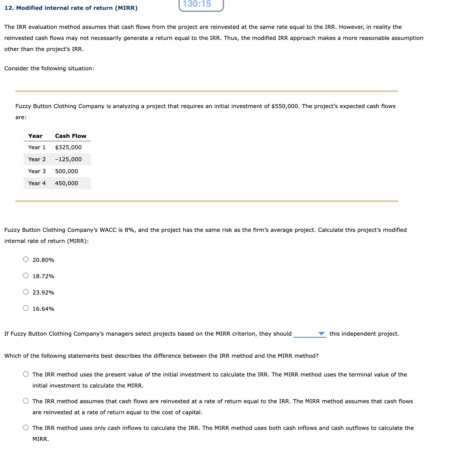 Solved Modified internal rate of ﻿return (MIRR)130:15The IRR | Chegg.com