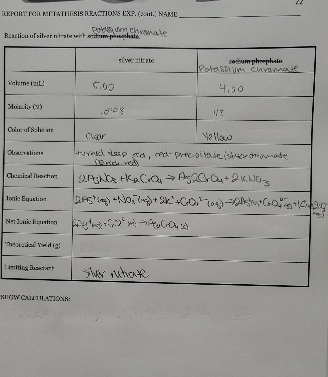 Solved 22 Report For Metathesis Reactions Exp Cont Name