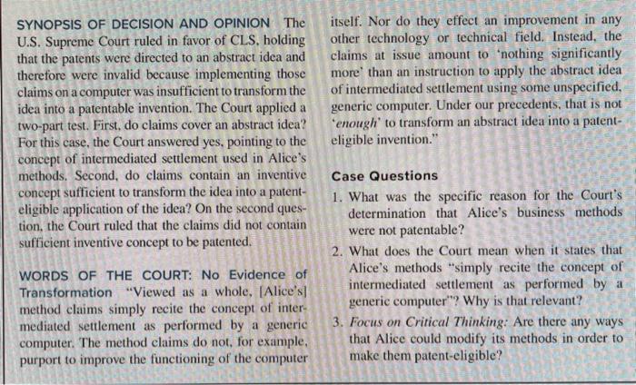 CASE 24.7 Alice Corporation Pty. Ltd. v. CLS Bank | Chegg.com