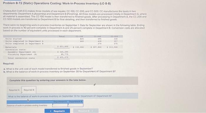 Solved Problem 8-72 (Static) Operations Costing: | Chegg.com