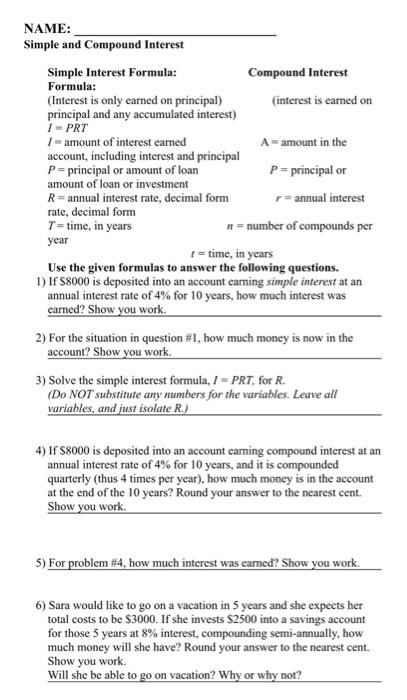 Solved NAME: Simple and Compound Interest Simple Interest | Chegg.com