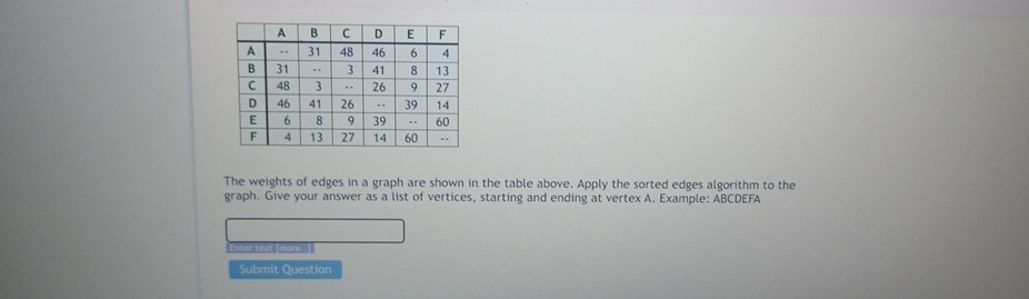 Solved \table[[,A,B,C,D,E,F],[A,*.,31,48,46,6,4],[B,31,*,3,4 | Chegg.com