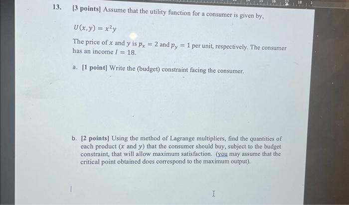 Solved 3. [3 points] Assume that the utility function for a | Chegg.com