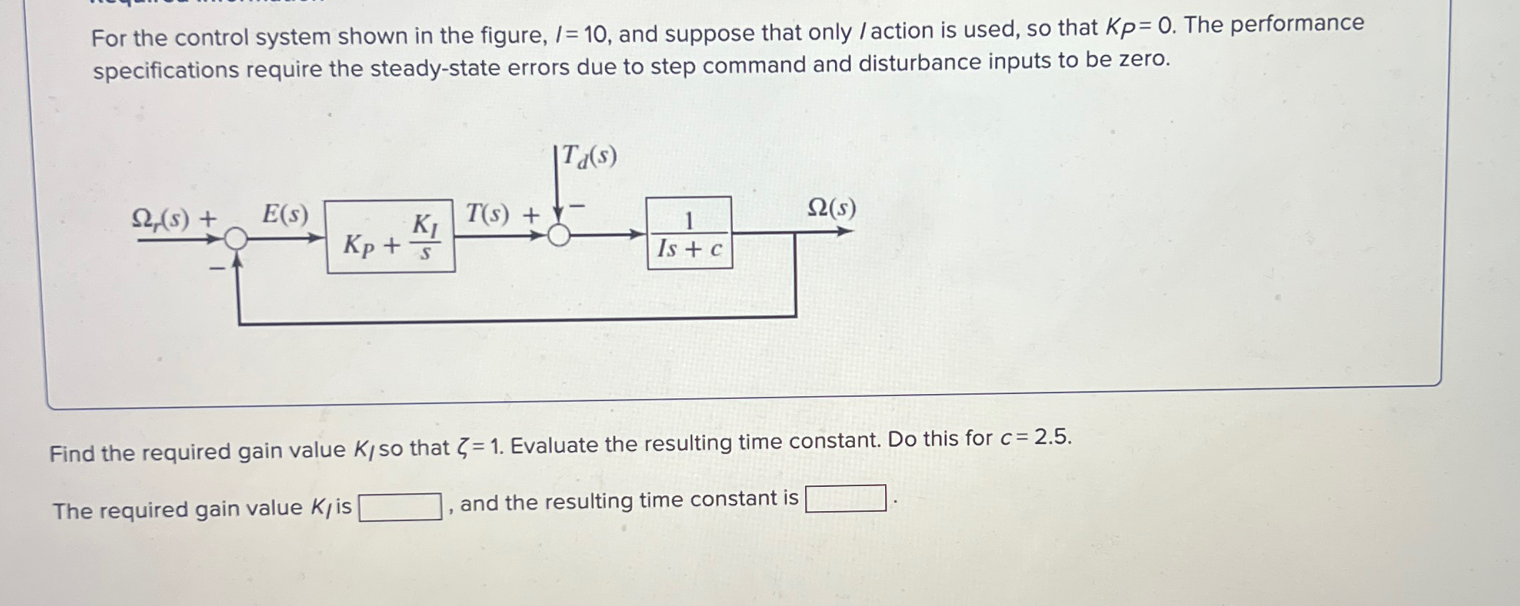 For the control system shown in the figure, I=10, | Chegg.com