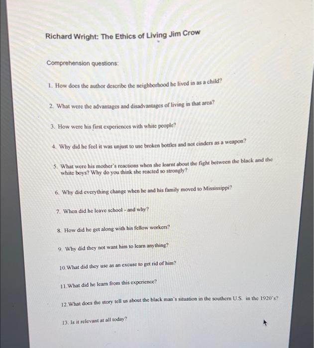 Richard Wright: The Ethics of Living Jim Crow | Chegg.com