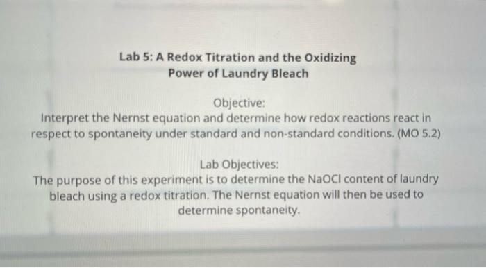 Lab 5: A Redox Titration and the Oxidizing Power of | Chegg.com