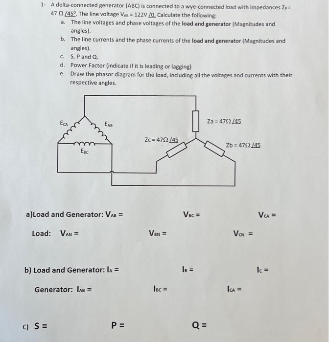Solved 1. A delta-connected generator (ABC ) is connected to | Chegg.com