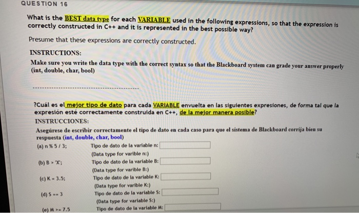 Solved QUESTION 16 What is the BEST data type for each | Chegg.com