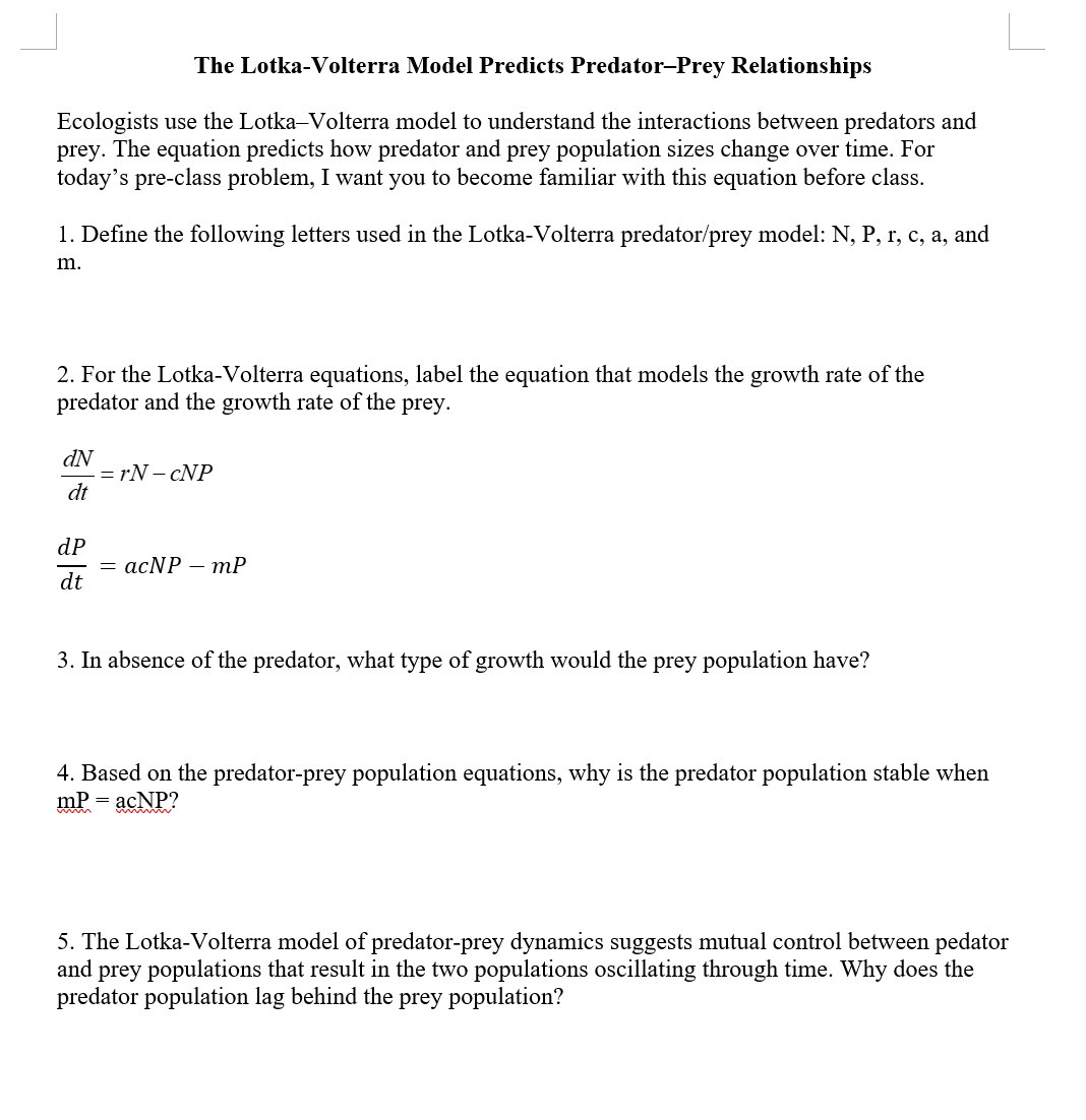 Solved The Lotka-Volterra Model Predicts Predator-Prey | Chegg.com