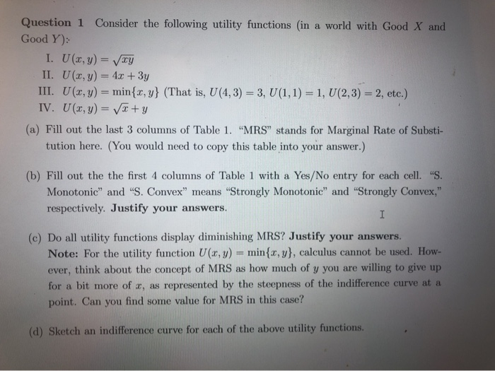 Question 1 Consider the following utility functions | Chegg.com
