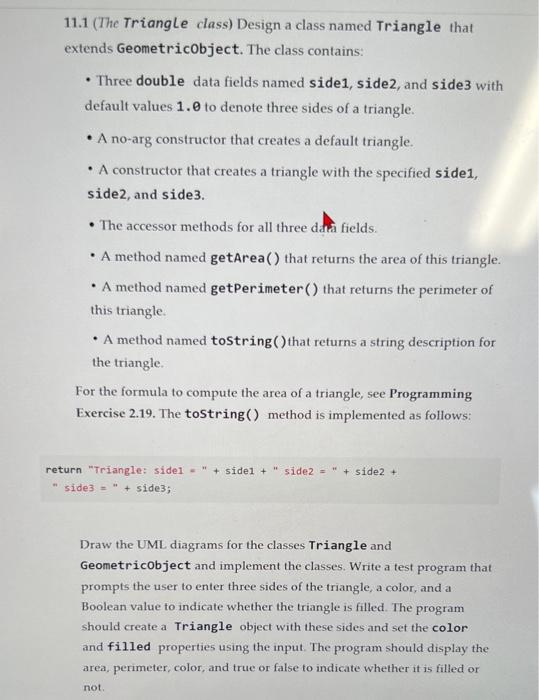 Solved 11.1 (The Triangle class) Design a class named | Chegg.com Solved 11.1 (The Triangle class) Design a class named | Chegg.com