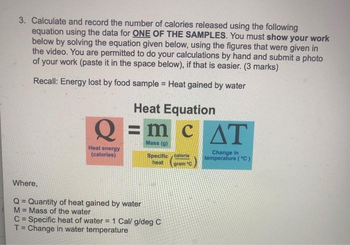 Solved calculate and record the number of calories released | Chegg.com