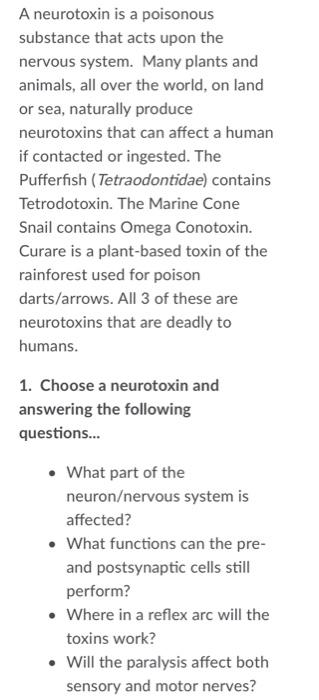 Solved A neurotoxin is a poisonous substance that acts upon | Chegg.com