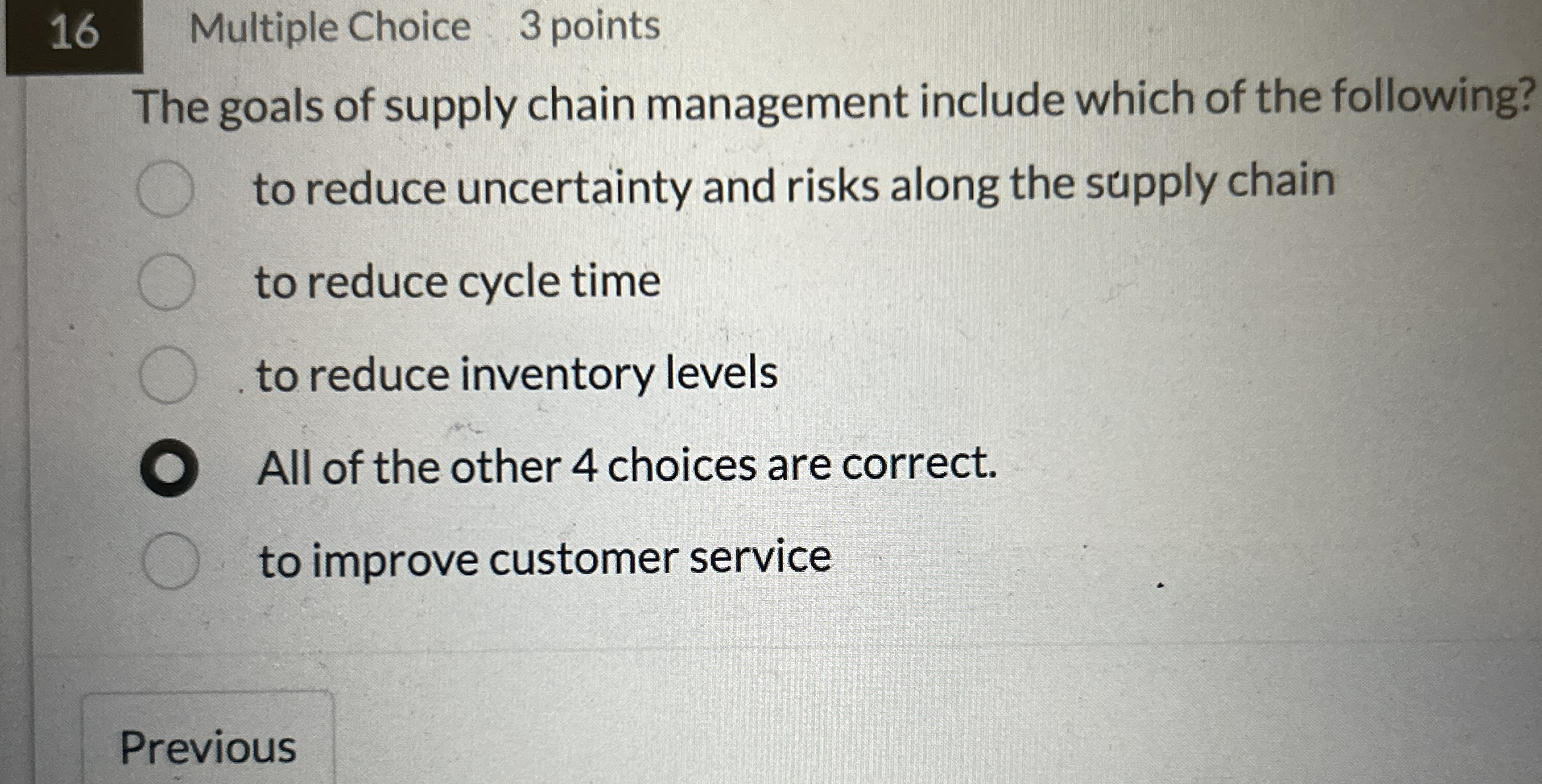 Solved 16Multiple Choice3 ﻿pointsThe goals of supply chain | Chegg.com