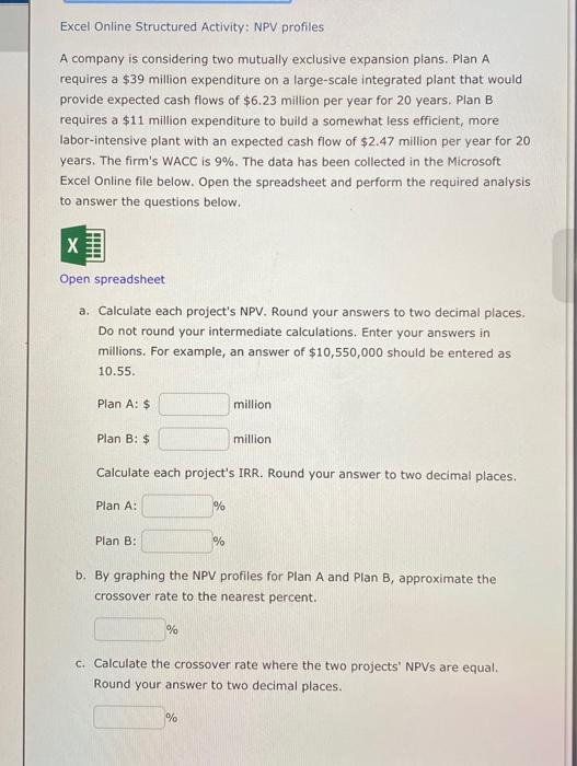 Solved Excel Online Structured Activity: NPV profiles A | Chegg.com