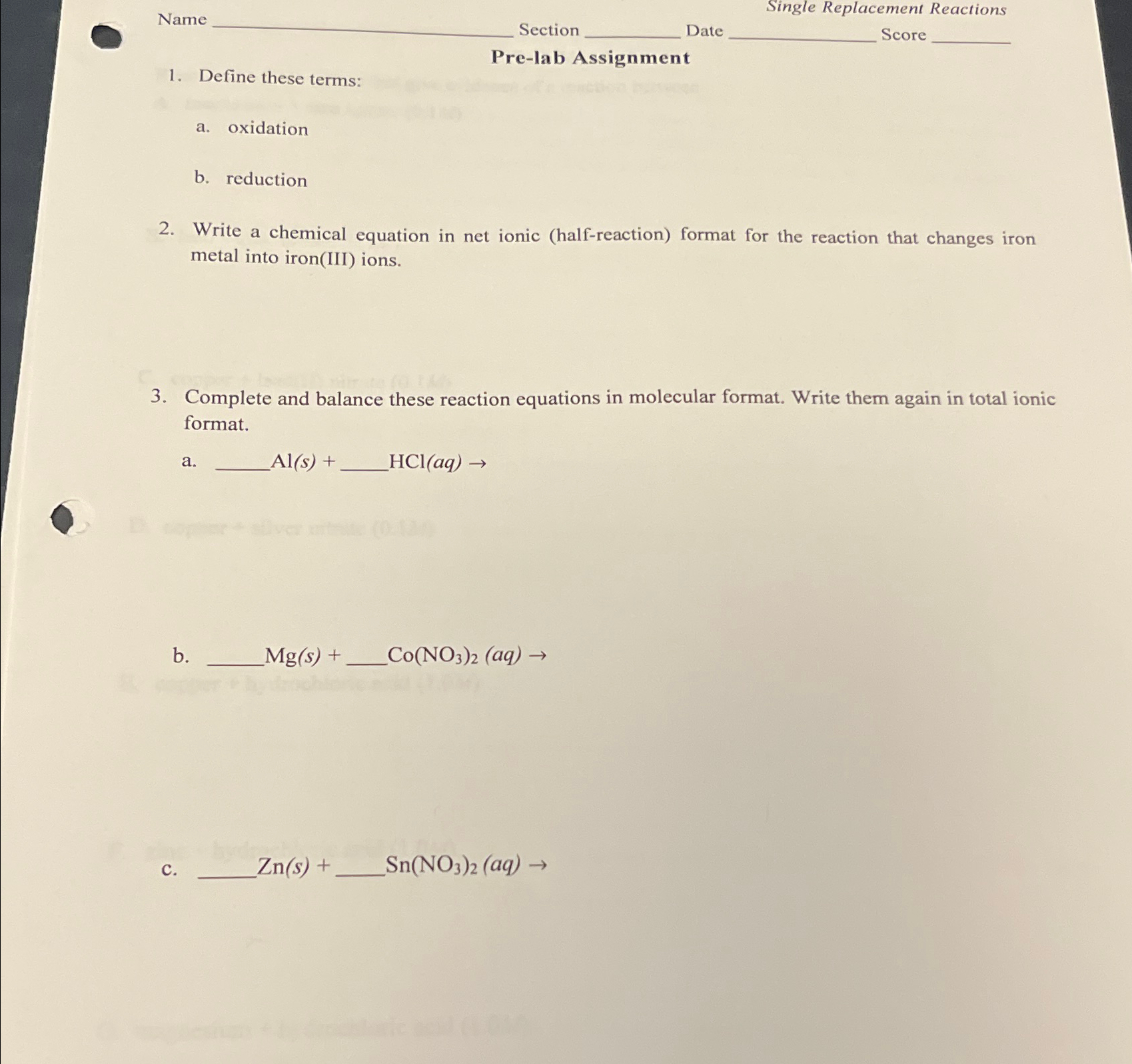 Single Replacement | Chegg.com