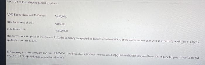 Solved ABC LTD has the following capital structure. The | Chegg.com