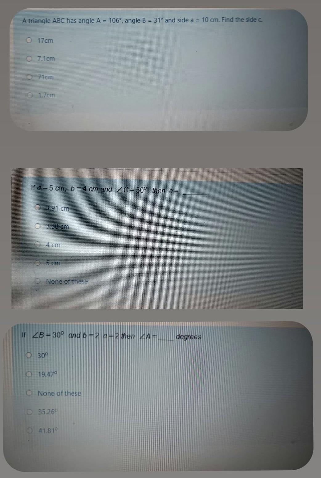Solved A triangle ABC has angle A = 106', angle B = 31° and | Chegg.com
