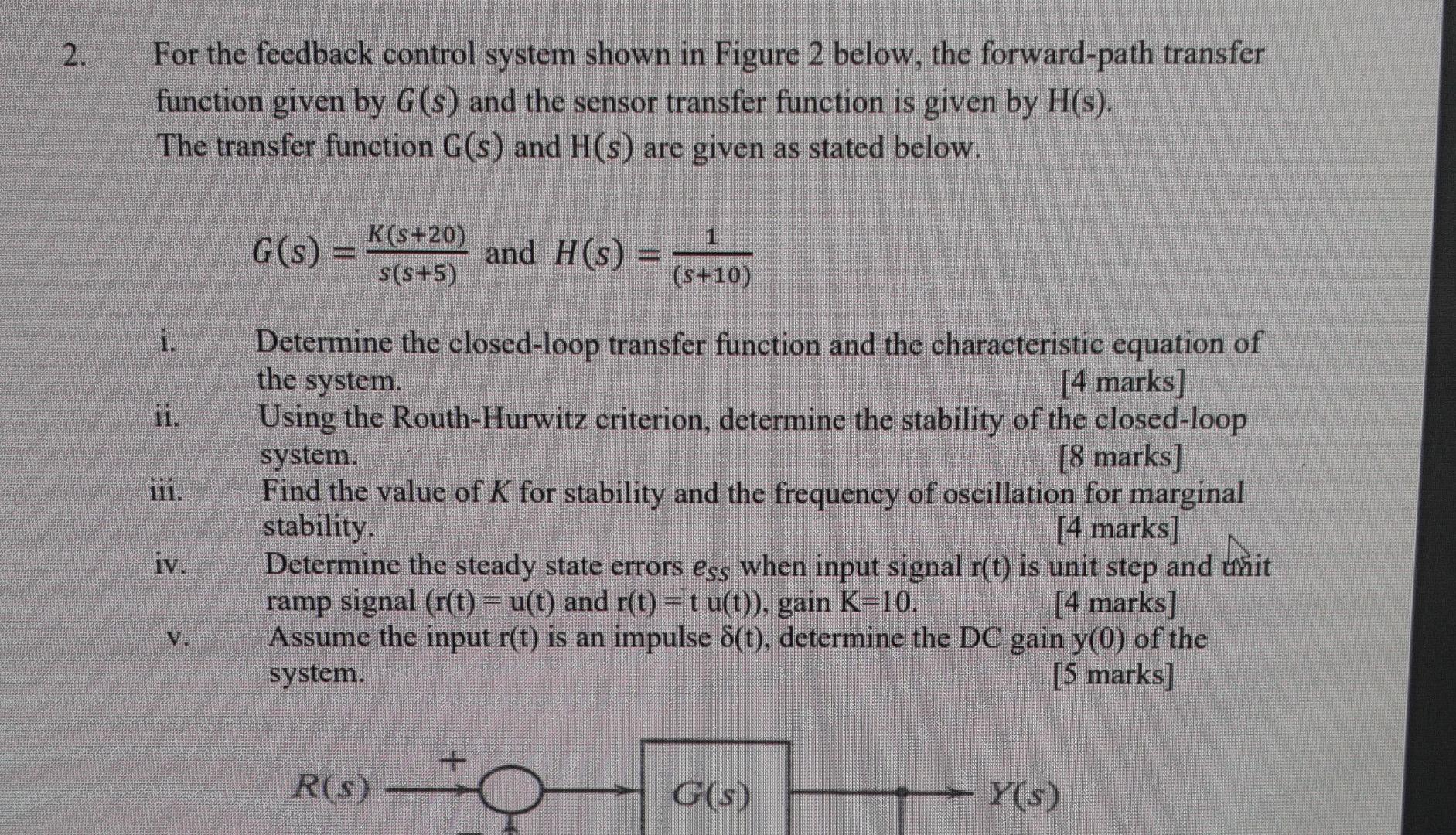 Solved 2. For the feedback control system shown in Figure 2 | Chegg.com
