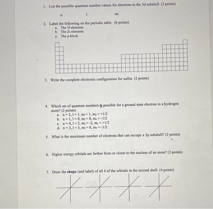 Solved 1. List the possible quantum number values for | Chegg.com