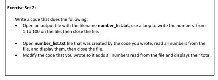 Solved Exercise Set 2: Write a code that does the following: | Chegg.com