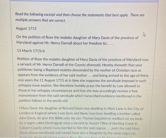 Read the following excerpt and then choose the | Chegg.com