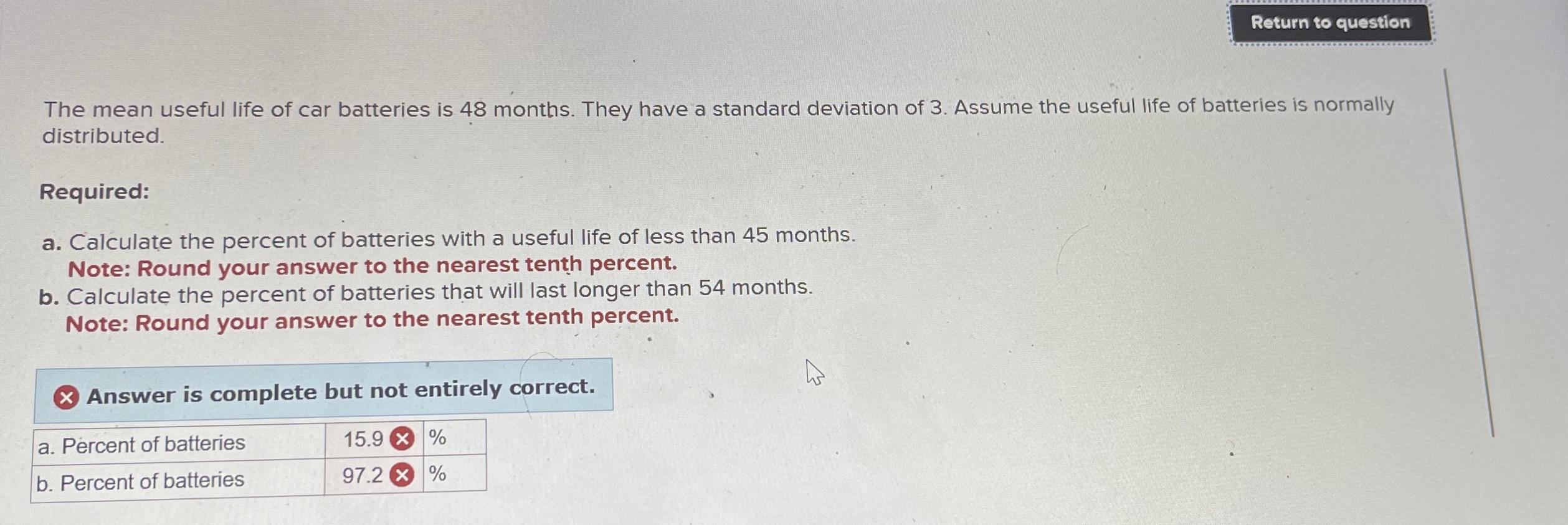 Solved Return to questionThe mean useful life of car | Chegg.com
