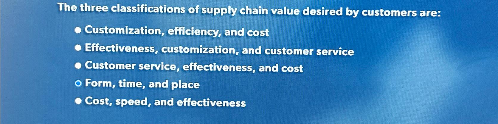 Solved The three classifications of supply chain value | Chegg.com
