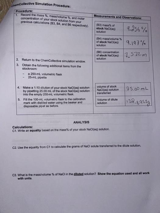 ChemCollective Simulation Procedure: Procedure: | Chegg.com