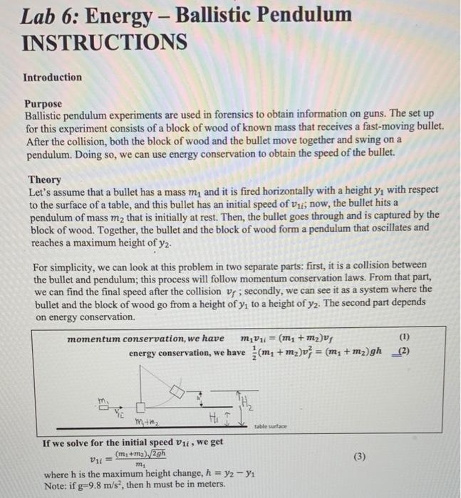 Lab 6: Energy - Ballistic Pendulum INSTRUCTIONS | Chegg.com