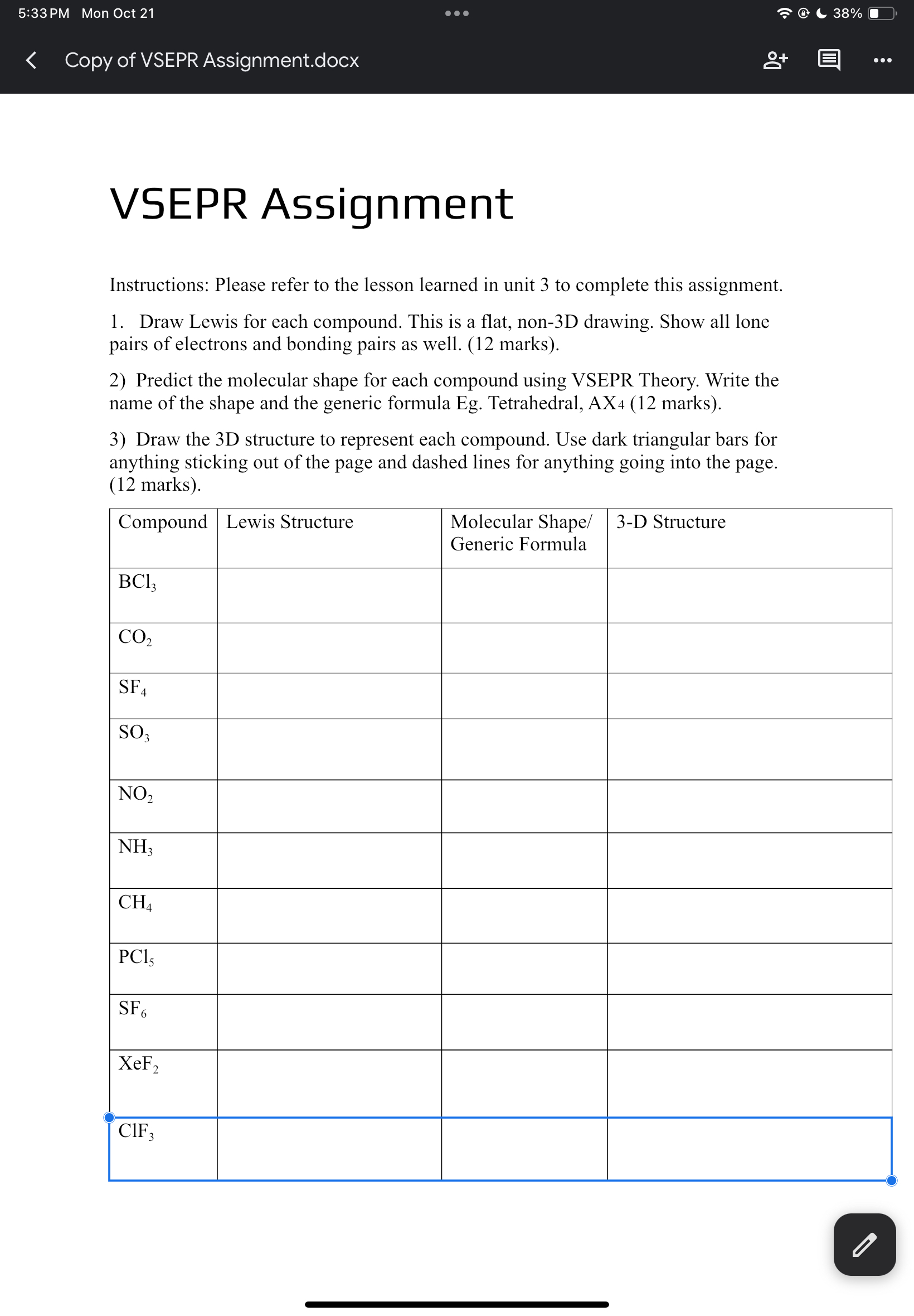 Solved 5:33 ﻿PM Mon Oct 2138%Copy of VSEPR | Chegg.com