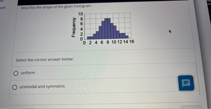 Solved Describe the shape of the given histogram. Select the | Chegg.com