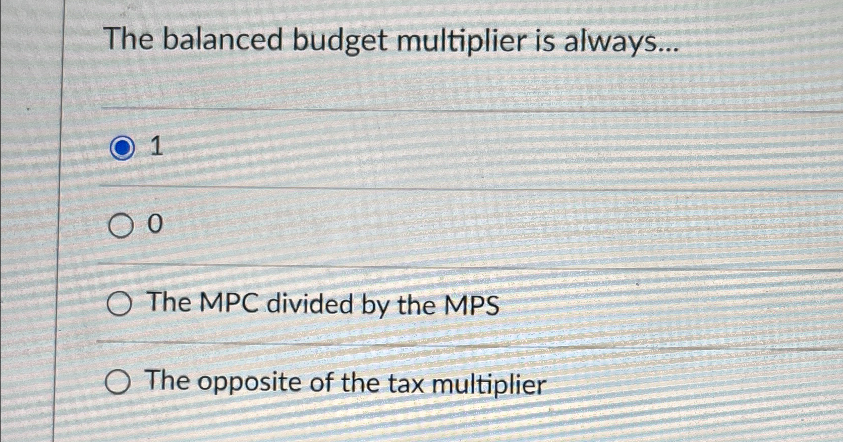 Solved The balanced budget multiplier is always...10The MPC | Chegg.com