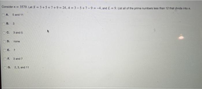 Solved Consider n = 3579. Let S = 3 + 5 + 7+ 9 = 24. A = 3 - | Chegg.com