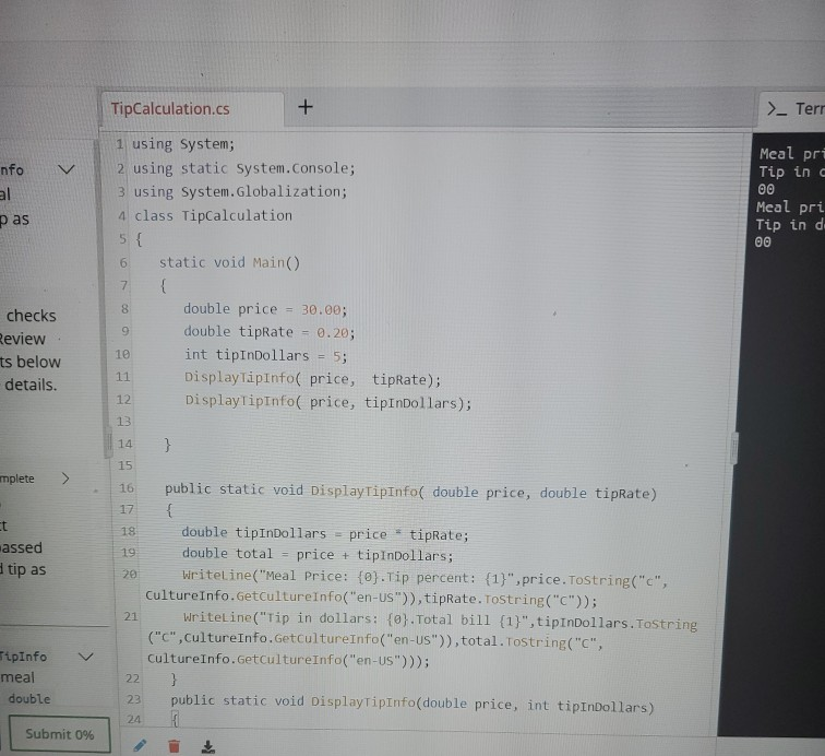 Solved TipCalculation.cs + >_ Terr Meal pri nfo V Tip inc 00 | Chegg.com