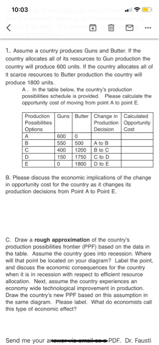 Solved 10:03 1.. Assume a country produces Guns and Butter. | Chegg.com