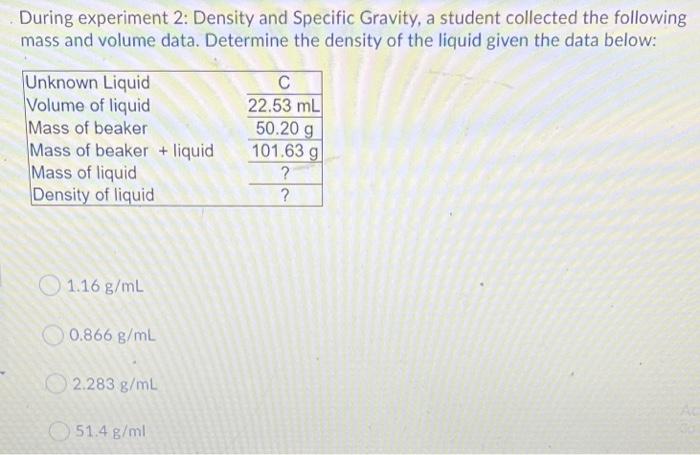 Solved During experiment 2: Density and Specific Gravity, a | Chegg.com