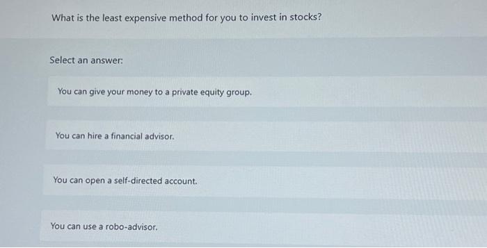 Solved What is the least expensive method for you to invest | Chegg.com