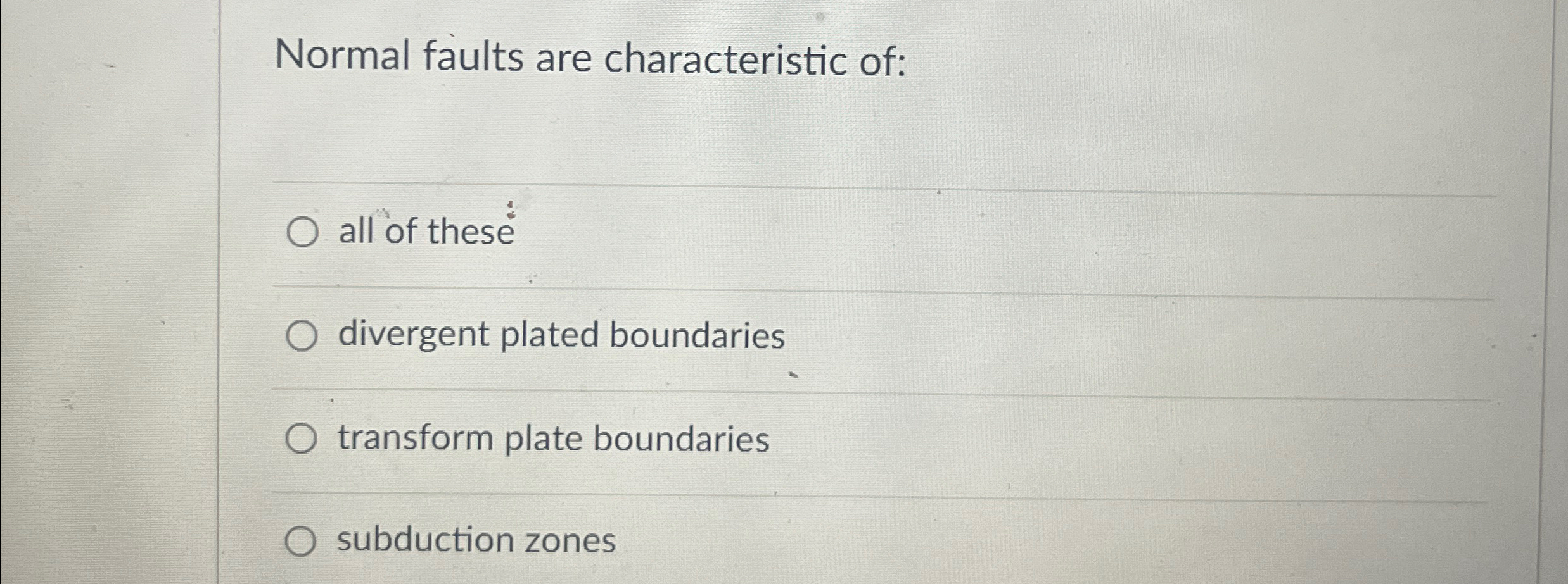 Solved Normal faults are characteristic of:all of | Chegg.com
