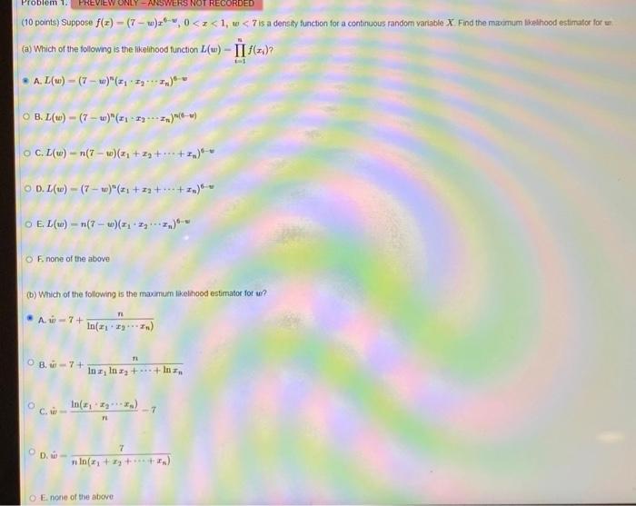 Solved 0 points) Suppose f(x)=(7−w)x6−w,0 | Chegg.com