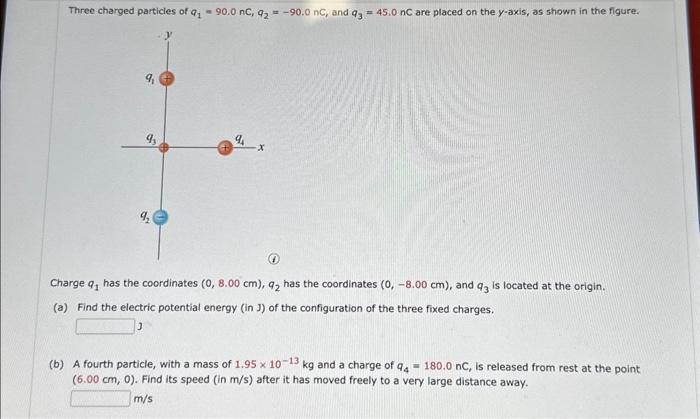 Solved Three charged particles of q1=90.0nC,q2=−90.0nC, and | Chegg.com