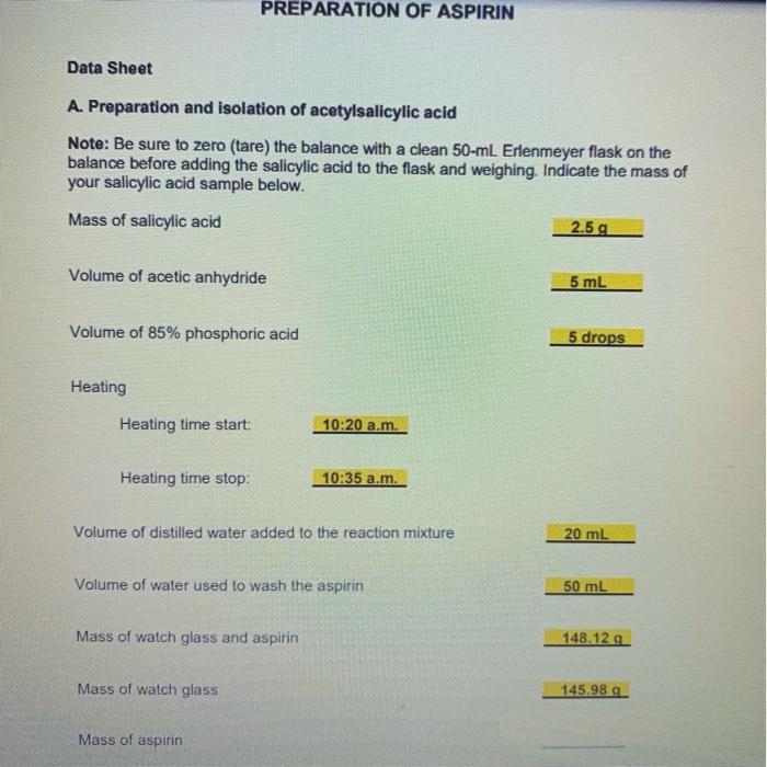 Solved PREPARATION OF ASPIRIN Data Sheet A. Preparation and | Chegg.com