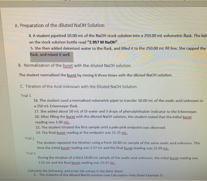 Solved A. Preparation of the diluted NaOH Solution 4. A | Chegg.com