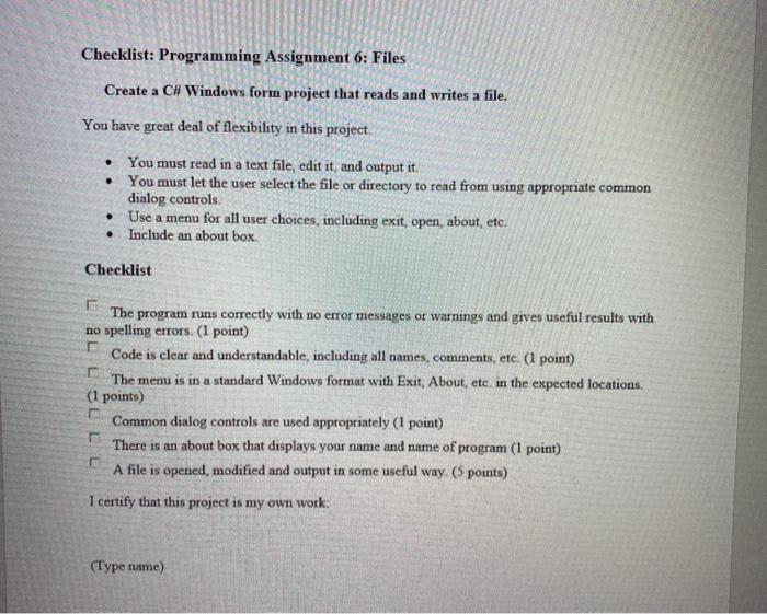 Solved Checklist: Programming Assignment 6: Files Create a | Chegg.com