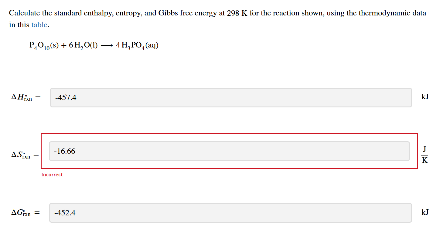 Calculate the standard enthalpy, entropy, and Gibbs | Chegg.com