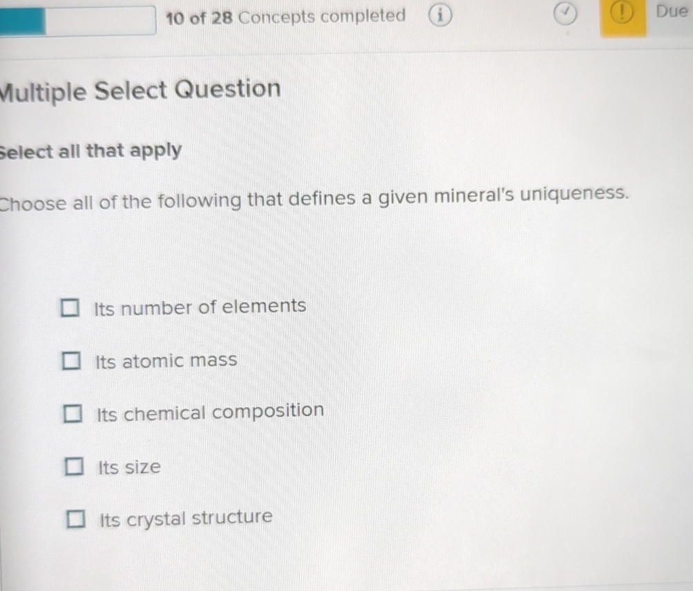 Solved 10 ﻿of 28 ﻿Concepts completed(i)DueMultiple Select | Chegg.com