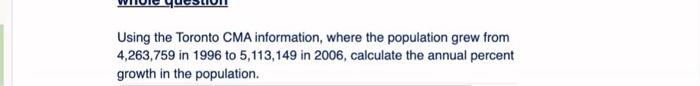 Solved Using the Toronto CMA information, where the | Chegg.com