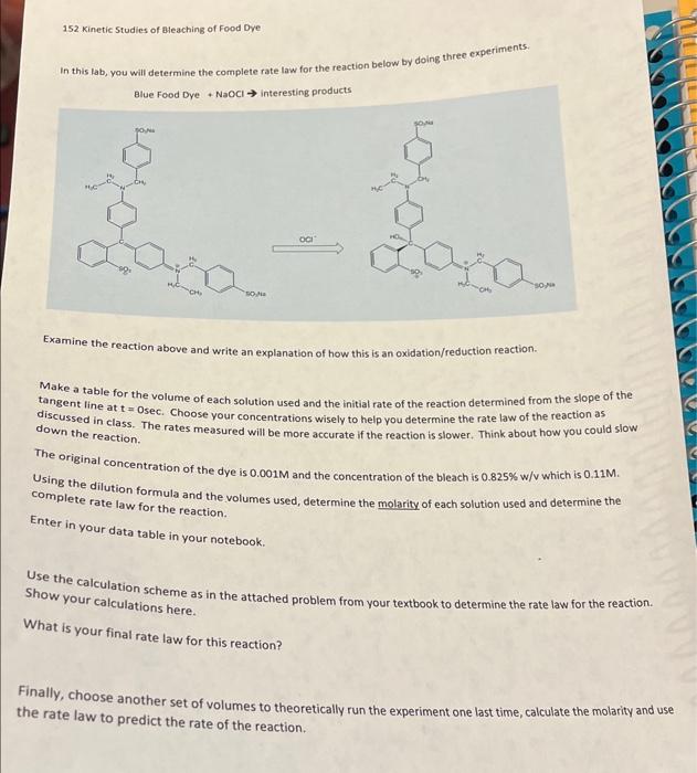 Solved 152 Kinetic Studies of Bleaching of Food Dye In this | Chegg.com