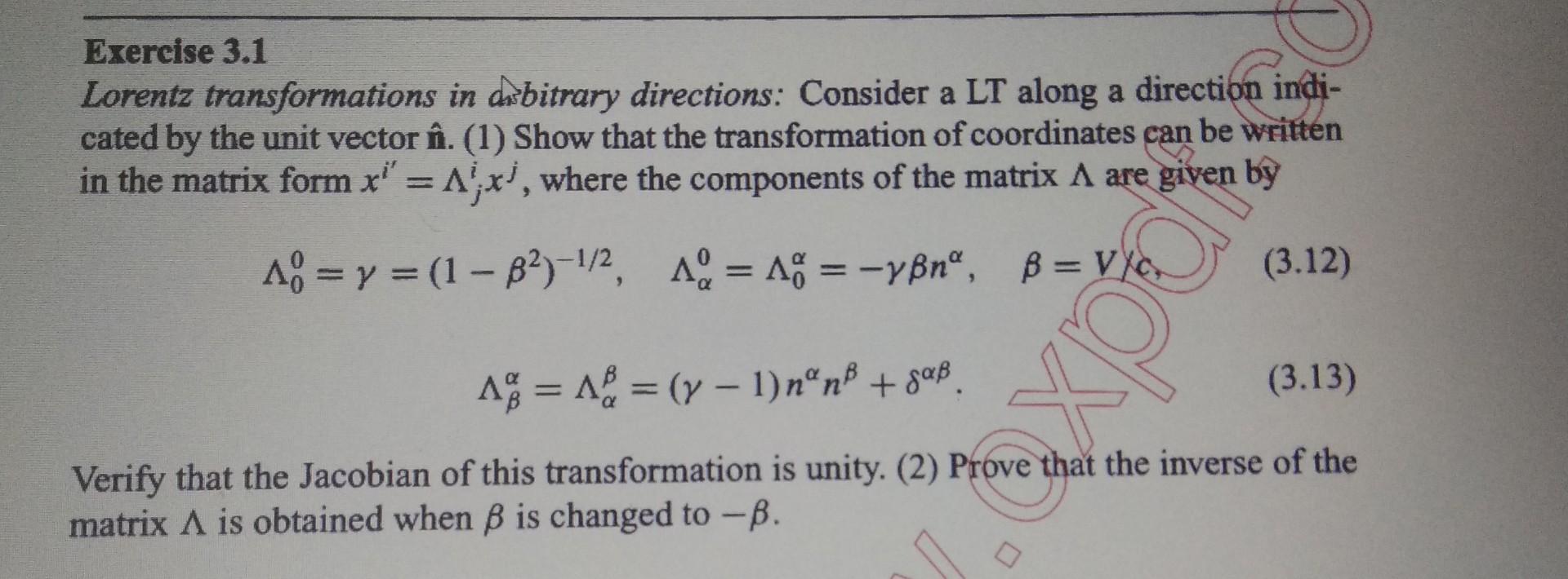 Solved Exercise 3.1 Lorentz transformations in dibitrary | Chegg.com